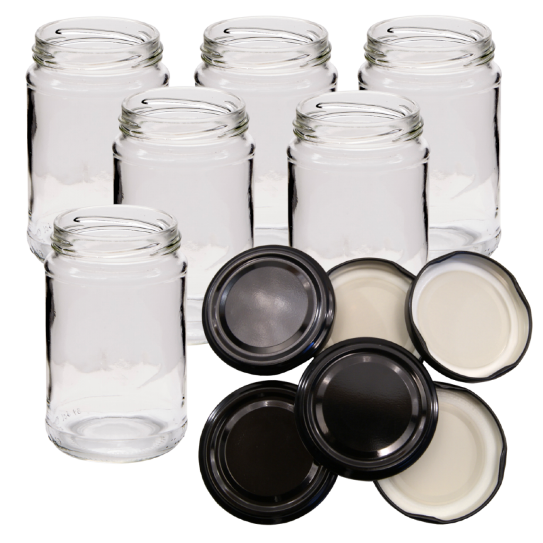 Pack Of 6 X Traditional 1lb (380ml) Round Glass Jam Jars With Black ...