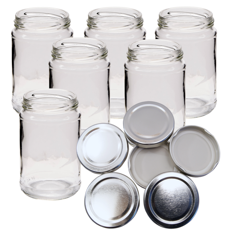 Pack Of 6 X Traditional 1lb (380ml) Round Glass Jam Jars With Silver ...