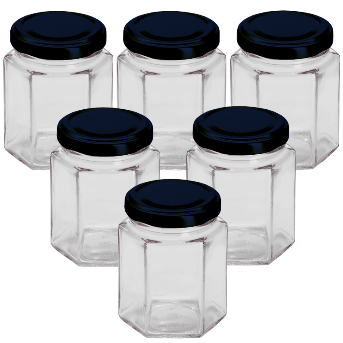 8oz Hexagonal 190ml Glass Jam Jars With Black Twist Off Lids - Pack Of ...